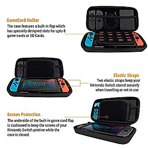 Orzly Carry Case Compatible with Nintendo Switch and New Switch OLED Console - Black Protective Hard Portable Travel Carry Case Shell Pouch with Pockets for Accessories and Games