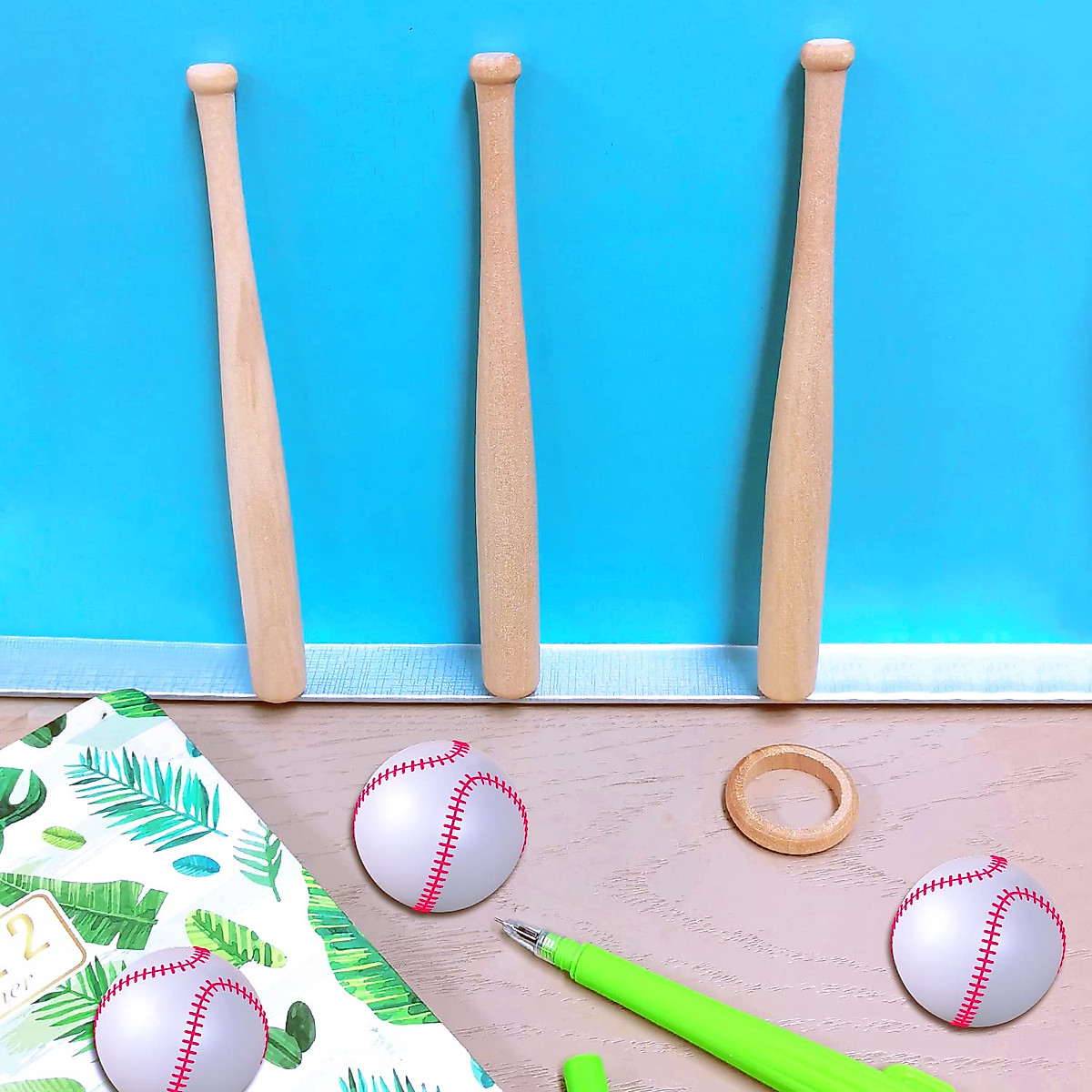 DIY 6 Pcs Mini Baseball Bat and 2 Rings 8 Inch Unfinished Small Wooden Bats Wooden Baseball Softball Stand Display for Painting Keychain Action Figures DIY Craft Projects Ball Sports Party Favors