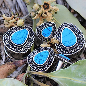 316L Stainless Steel Ornate Teardrop WildKlass Plug with Turquoise Inlay (3/4")