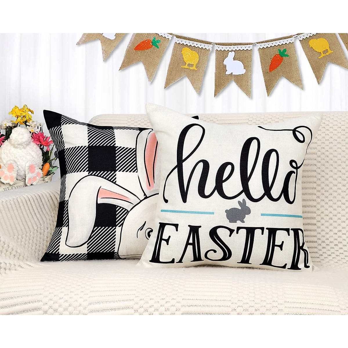 Easter Outdoor Pillow Covers, 18 x 18 inch Set of 4 Waterproof Throw Pillow Cases, Bunny Cushion Decor for Home Outside Patio Front Porch House Farmhouse B
