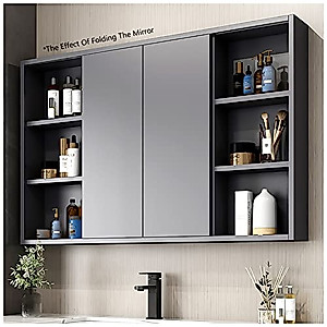 Wooden Bathroom Medicine Cabinet with LED Light & Defogger, Bathroom Storage Cabinet with HD Frameless Mirror, Over Toilet Bathroom Mirror Cabinet, with Mounting Kits (Size : 90cm-Black)