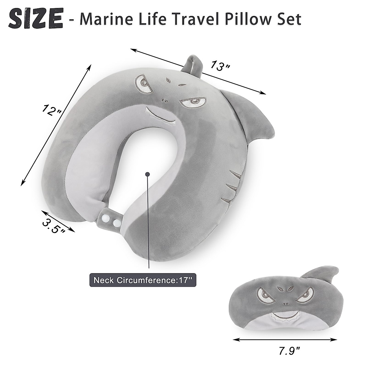 Travel Pillow, Kids Travel Pillow with Sleep Eye Mask Soft Memory Foam Kids Neck Pillow for Boys & Girls, Travel Accessories for Car Airplane Traveling - Shark