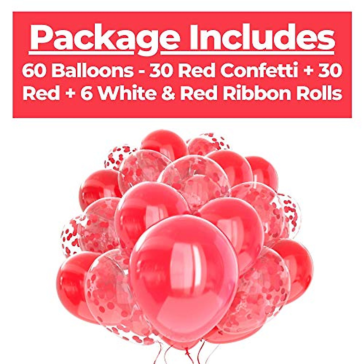 60 Pack Red Balloons + Red Confetti Balloons w/Ribbon | Red Balloon | Globos Rojos | Confetti Balloon | Birthday Balloons | Red Party Decorations | Red Birthday Decorations | Helium Balloons |