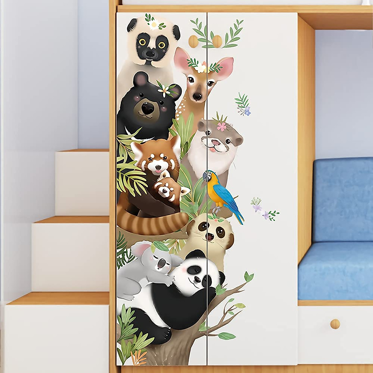 Supzone Jungle Animal Wall Decal Cartoon Forest Animals Wall Stickers Monkey Koala Deer Wall Decor DIY Vinyl Mural Art for Kids Baby Nursery Bedroom Living Room Playroom