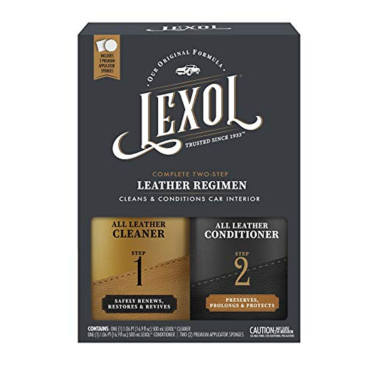 Lexol Leather Care Kit Conditioner and Cleaner, Use on Car Leather, Furniture, Shoes, Bags and Accessories, Trusted Leather Care Since 1933, Quick & Easy 2-Step Regimen, 16.9 oz Bottles Plus 2 Sponges,Black