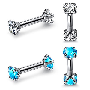 Zysta Small Rhinestone Blue Clear Cubic Zirconia Barbell Earring Studs Mini Cute Tragus Helix Cartilage Ear Lobe Nose Piercing Straight Bar 16G Screw on Stainless Steel