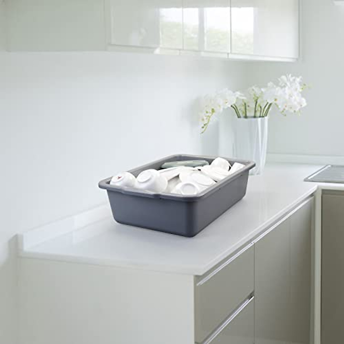 Qqbine 36 Quart Commercial Bus Tubs, Plastic Bus Box Dish Pan Basin, Gray, 4 Packs