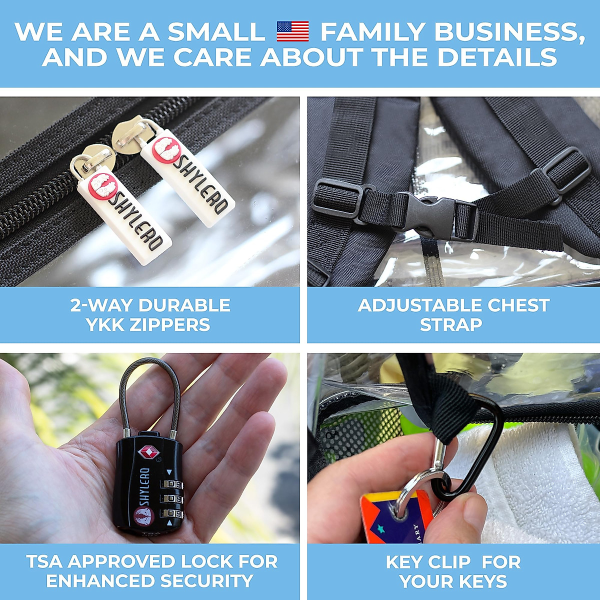 SHYLERO Clear Backpack For Work XL - Heavy Duty School Bookbag has TSA Lock, 2-WAY Zip, Transparent PVC - H18''xW14''xD8