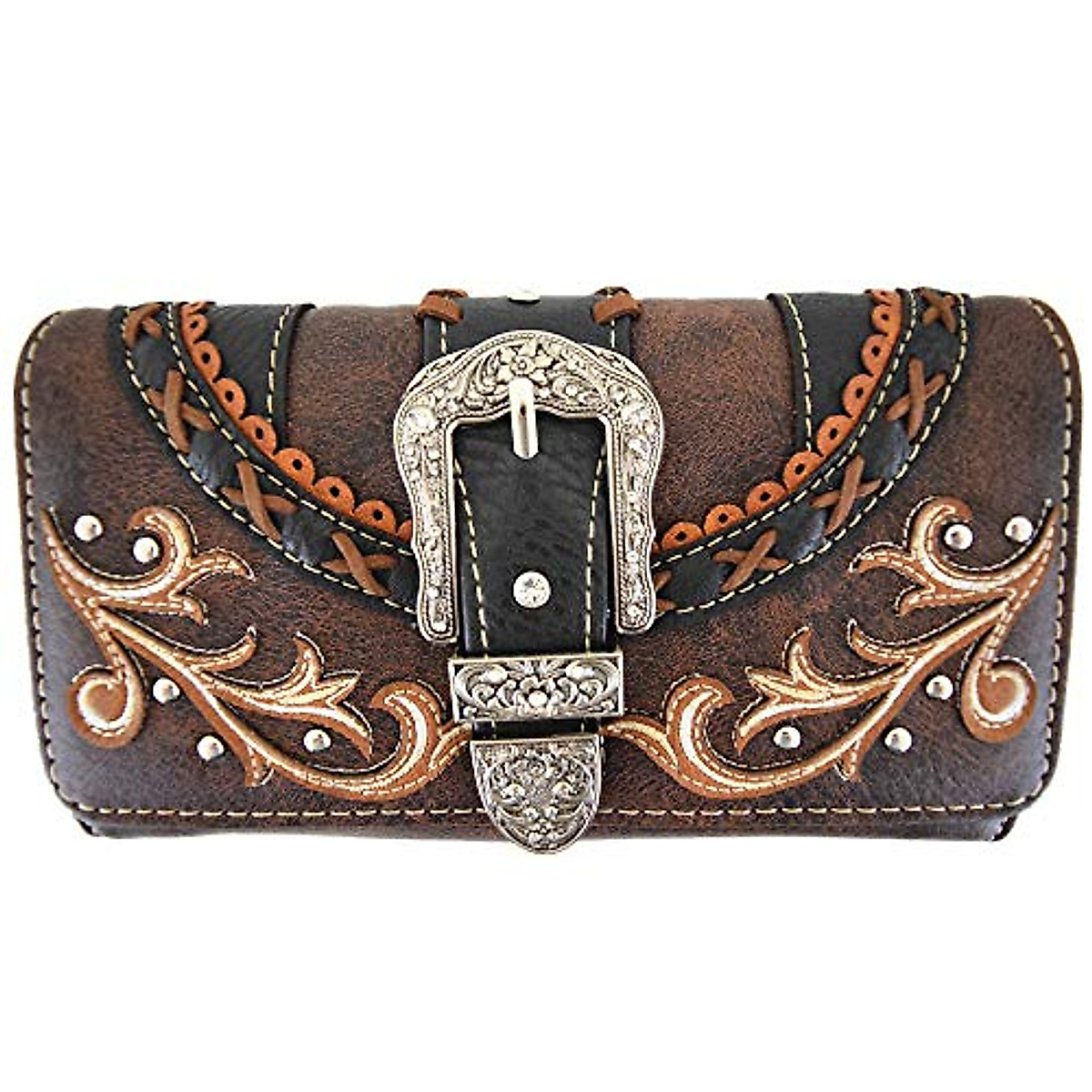Western Style Tooled Buckle Women Country Backpack School Bag Concealed Carry Daypack Biker Purse Wallet (Coffee Set)