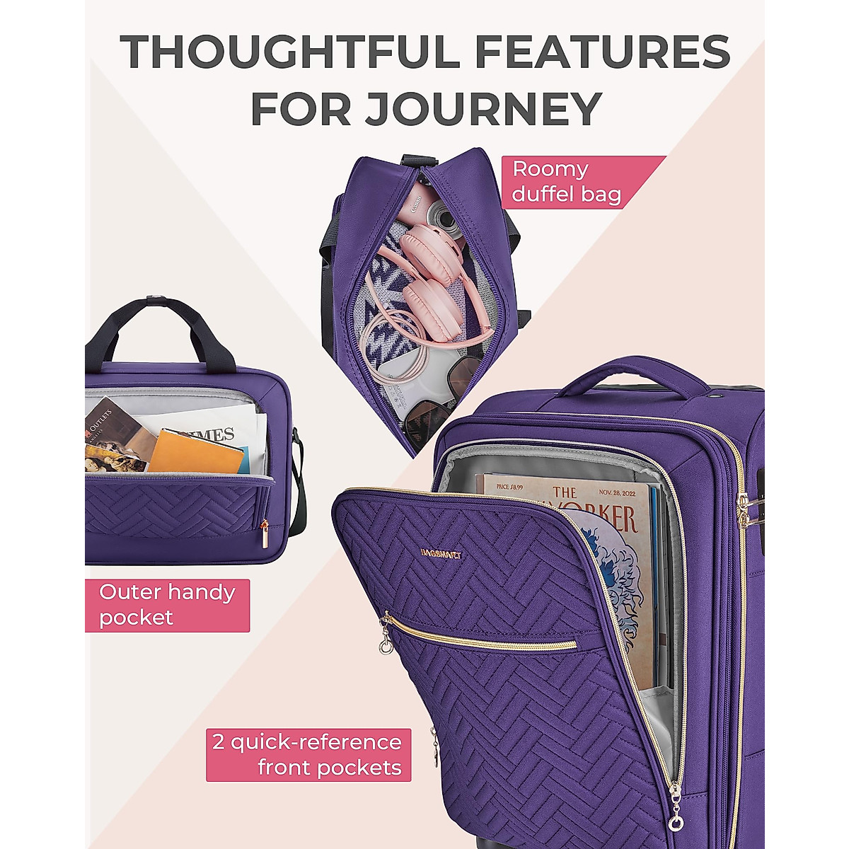 BAGSMART Carry On Luggage 20 Inch, Expandable Suitcase, Luggage with Duffel Airline Approved Rolling Softside Lightweight Suitcases with Front Pocket for Women Men, Carry-On Purple