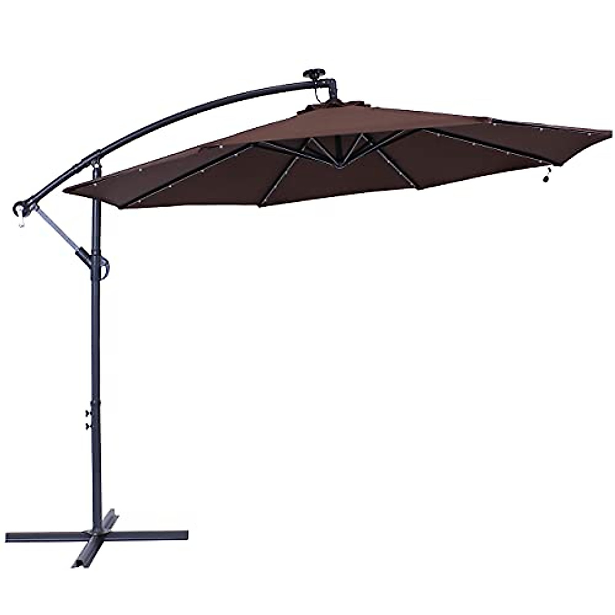 Sunnydaze 10-Foot Offset Cantilever Brown Solar Patio Umbrella with Outdoor LED Lights Crank and Cross Base and Set of 4 Black Heavy-Duty Cantilever Offset Patio Umbrella Base Plates Bundle