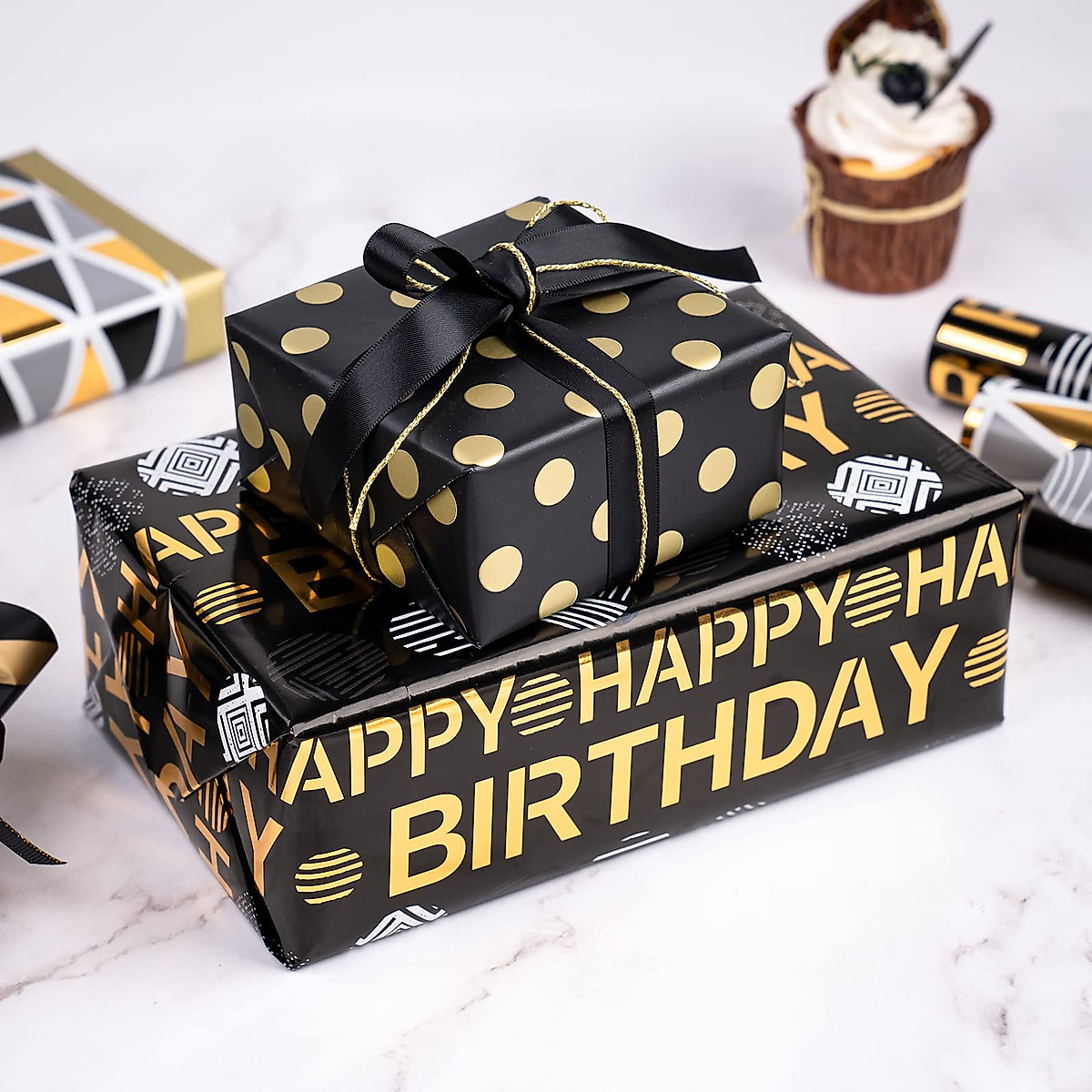 WRAPAHOLIC Reversible Birthday Wrapping Paper Roll - Mini Roll - 3 Rolls - 17 Inch X 120 Inch Per Roll - Happy Birthday Lettering and Balloon for Kid's Birthday, Party, Baby Shower