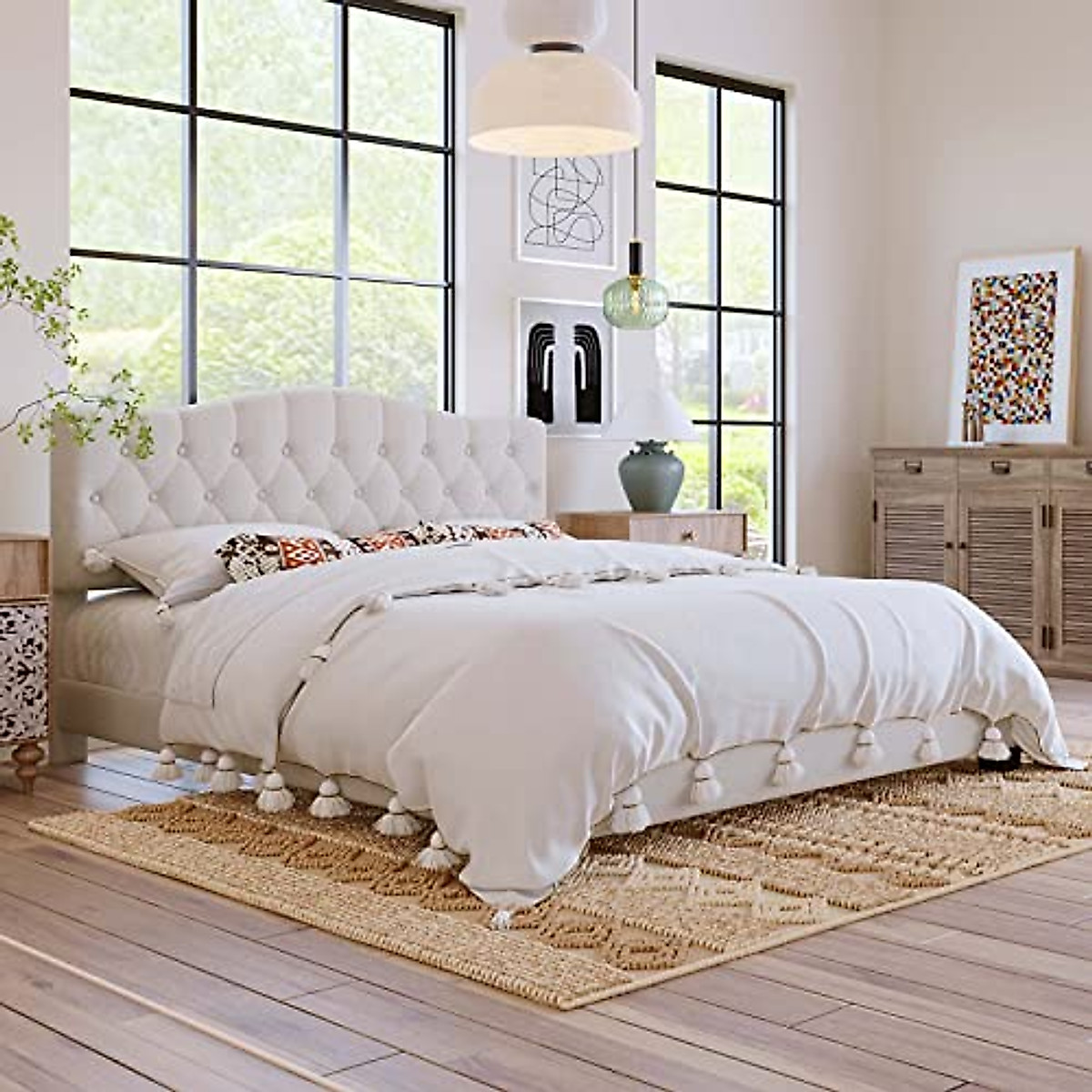 King Size Linen Upholstered Platform Bed Frame with Tufted Headboard for Boys Girls Teens Adults, Noise Free, No Box Spring Needed, Under Bed Storage (King)