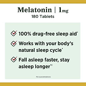 Melatonin by Nature's Bounty, 100% Drug Free Sleep Aid, Dietary Supplement, Promotes Relaxation and Sleep Health, 1mg, 180 Tablets