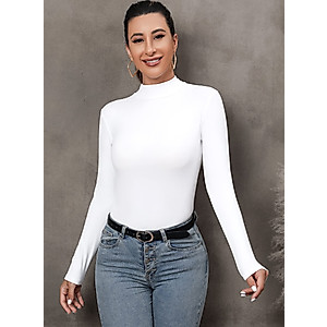 FOUGEDE Women's Mock Turtleneck Long Sleeve/Sleeveless/Half Sleeve/Short Sleeve/Crop Top Basic Fitted Stretch Slim Tops White