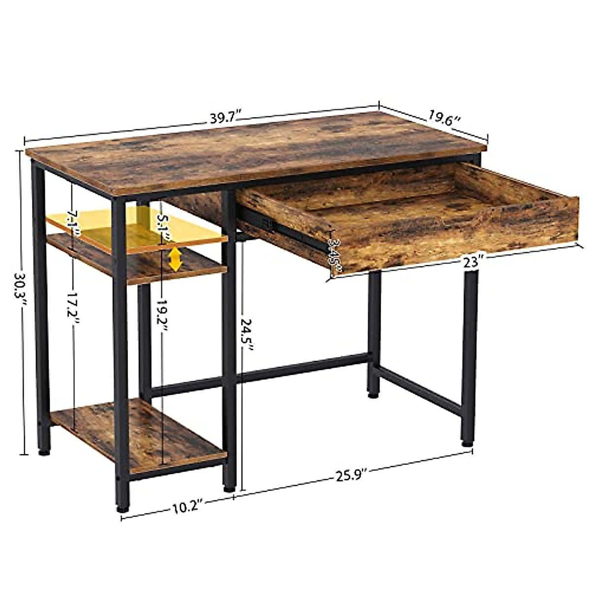 Rolanstar Computer Desk with Shelves and Drawer, 39" Home Office Writing Desk, Laptop Study Table Workstation, Retro Industrial Design, Stable Metal Frame, Rustic Brown