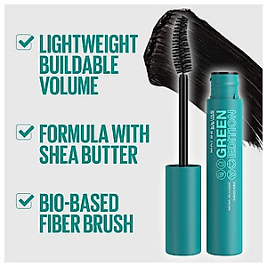 Maybelline Green Edition Mega Mousse Mascara Makeup, Smooth Buildable and Lightweight Volume, Formulated with Shea Butter, Blackest Black, 1 Count