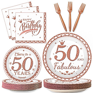 Wiooffen 50th Birthday Decorations Plates and Napkins for Women Rose Gold Party Supplies 50 and Fabulous Happy Birthday Tableware Set Cheers to 50 Years Party Decorations Table Decors for Girl