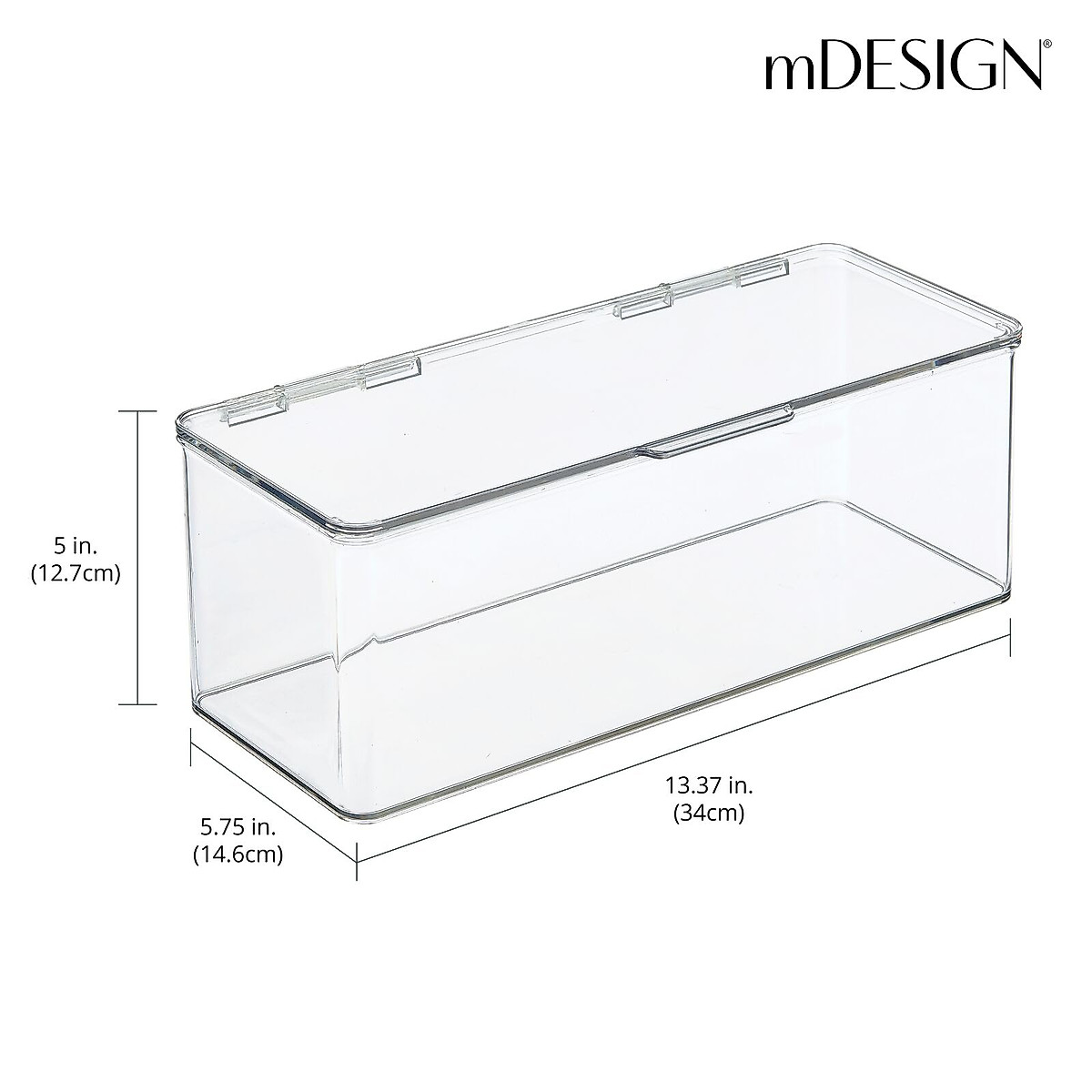 mDesign Plastic Kitchen Pantry and Fridge Storage Organizer Box Containers with Hinged Lid for Shelves or Cabinets, Holds Food, Snacks, Canned Drinks, Seasoning, Condiments, or Utensils, 4 Pack, Clear