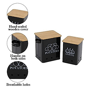 Xbopetda Potato Onion Storage Bin, Kitchen Storage Canister Set of 2, Kitchen Pantry Organizer Tin - Vegetable Fresh Keeper with Aerating Tin Storage Holes & Wooden Lid (Black)