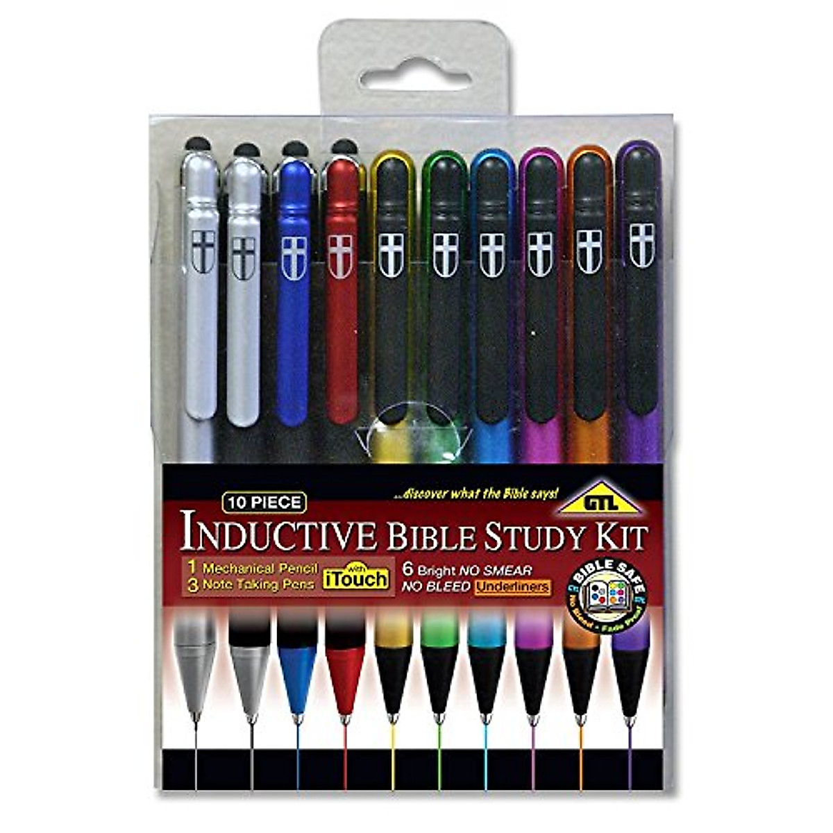 G.T. Luscombe Company, Inc. 10 Piece Inductive Bible Study Pen/Pencil Set | No Smearing or Fading | Cross Imprint | No Bleed Pigmented Ink Black, Blue, Red, Yellow, Green, Pink, Orange, Violet