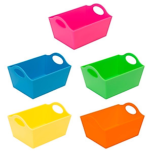 Simplify 5 Pack Mini Storage Totes, Small Organizer Bins, Containers, Drawer Organization, Office, Bathroom, Accessories, Bobby Pins, Q-Tips, Neon Multicolored