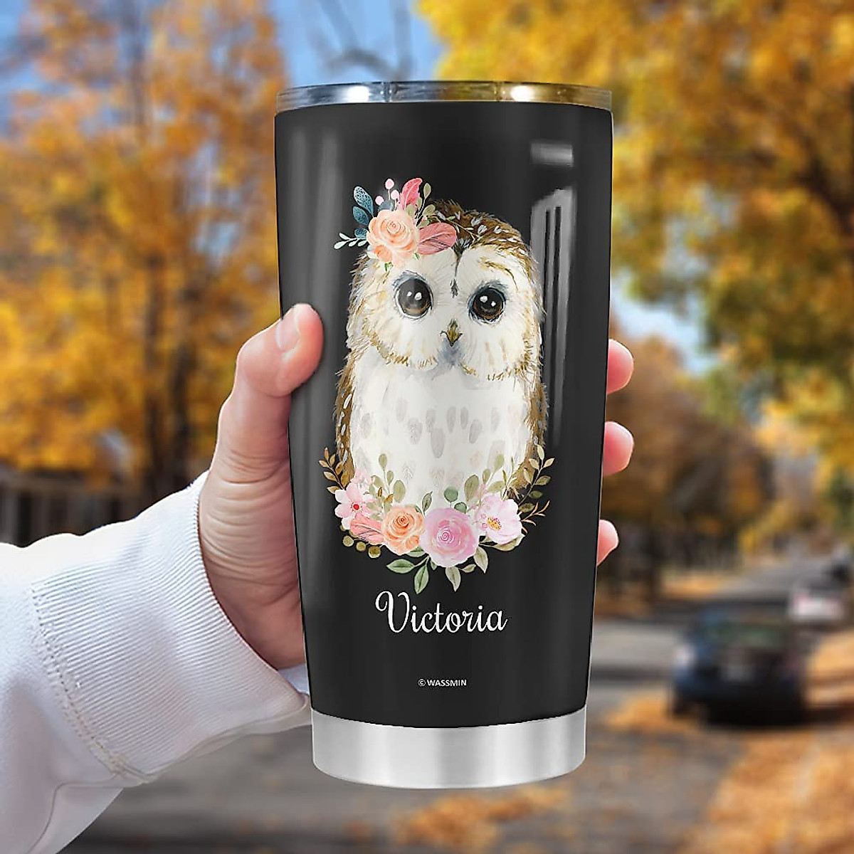 Wassmin Personalized Tumbler Cup With Lid 20oz 30oz Custom Name Customized Double Wall Vacuum Insulated Tumblers Coffee Travel Mug Birthday Christmas Gifts For Animal Lovers (Owl)