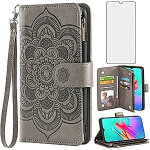 Asuwish Phone Case for Infinix Smart 5/Hot 10 Lite Wallet Cover with Tempered Glass Screen Protector and Flower Leather Flip Credit Card Holder Stand Folio Purse Cell Accessories X657B Women Men Grey