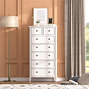 IKENO White 7 Drawer Tall Dresser, Tall Solid Wood Large Storage Cabinet, Modern Simple White Tall Chest of Drawer for Bedroom Living Room Hallway Entryway (White)