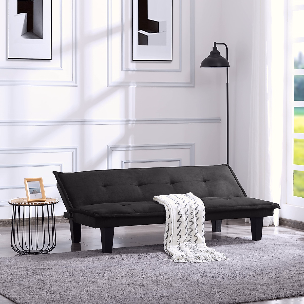 AnwickNomo 63.8" Convertible Futon Sofa Bed, Faux Suede Loveseat with Adjustable Backrest, Futon Sleeper Sofa for Small Space, Living Room, Bedroom, Apartments (Black)