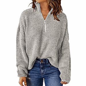MEROKEETY Women's 2024 Long Sleeve Chunky Knit Sweaters 1/4 Zip Polo V Neck Casual Pullover Tops,Grey,S
