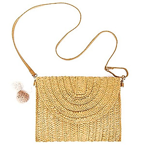 Straw Shoulder Bag Straw Clutch Straw Crossbody Bag Handmade Straw Beach Bag for Women Envelope Purse Wallet with Hand-woven Pompom (Light Brown)