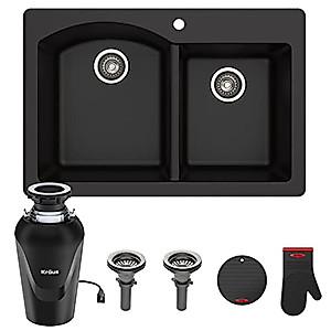 KRAUS Forteza™ 33” Dual Mount 60/40 Double Bowl Granite Kitchen Sink in Black with WasteGuard™ Continuous Feed Garbage Disposal, KGD-50BL-100-75MB
