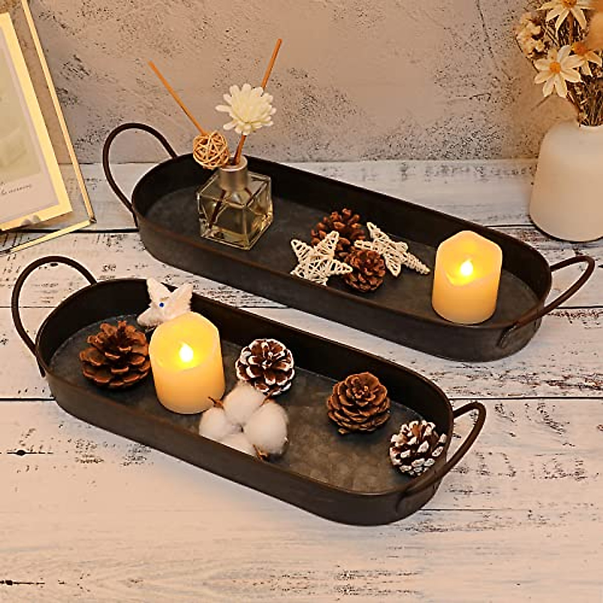 Hipiwe Set of 2 Galvanized Metal Iron Tray with Handles Oval Farmhouse Serving Tray Rustic Industrial Decorative Tray Centerpiece Tray for Coffee Table Weddings Home Decor