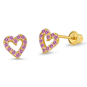 14k Yellow Gold Pink Oct Heart Cubic Zirconia Children Screwback Baby Girls Earrings