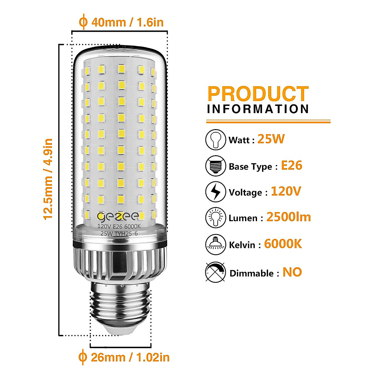 gezee 25W LED Light Bulb, 200 Watt Equivalent，E26 LED Lamp 2500 Lumens Daylight-White 6000K,Non-Dimmable (3-Pack)