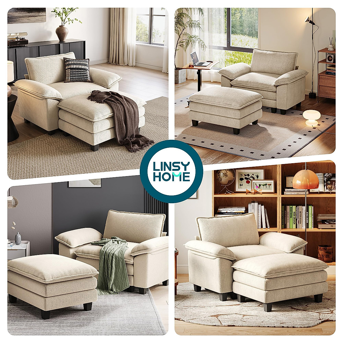 LINSY HOME Sofa Chair with Movable Ottoman - Corduroy Cloud Couch Chair Soft Comfy Modern Sofa Chaise Set Single Sleeper Chair Bed for Living Room Apartment Office (Beige, 1-Seat & 1-Ottoman)