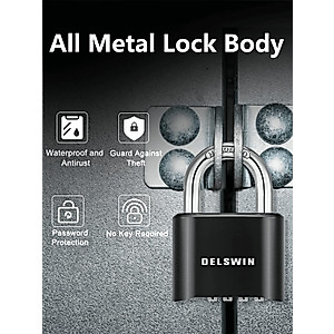 DELSWIN 4-Digit Combination Lock Outdoor Padlock - Heavy Duty Locker Lock with Hardened Steel Shackle, Waterproof Combo Lock for Gym Locker, Hasp Storage, Shed, Fence, Gate (Black,1Pcs)