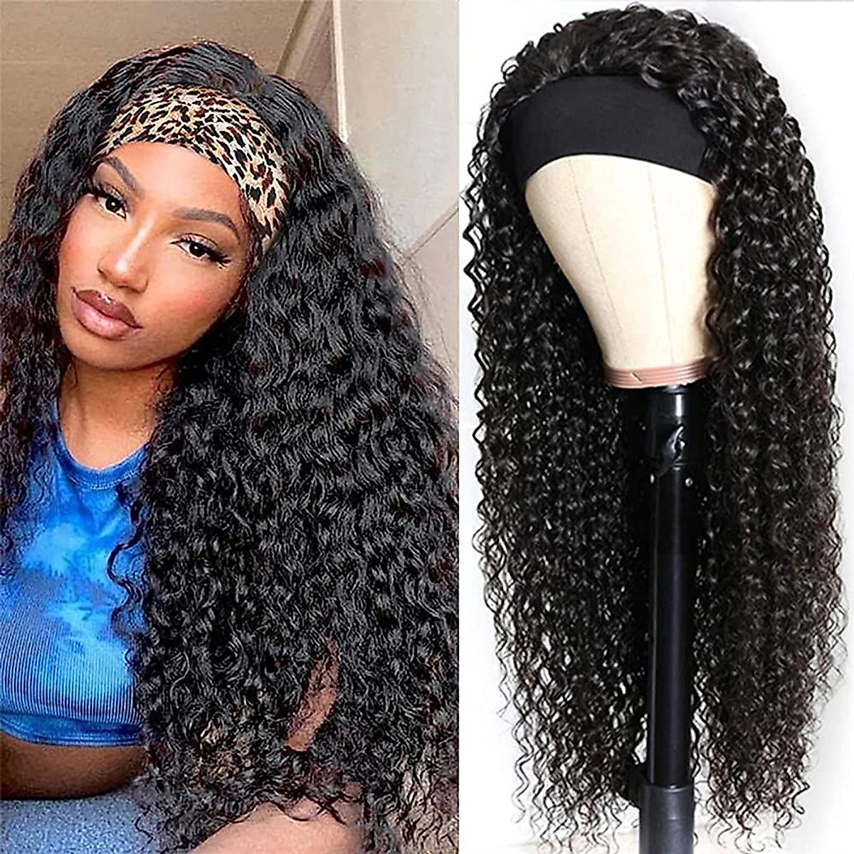 YISEA Headband Wig Human Hair Curly Wigs with Headband for Black Women 12 Inch Deep Wave Machine Made None Lace Front Wig 150% Density Brazilian Virgin Short Bob Wigs