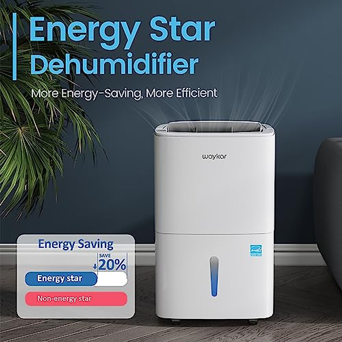 Waykar 120 Pints Energy Star Home Dehumidifier for Spaces up to 6,000 Sq. Ft at Home, in Basements and Large Rooms with Drain Hose, Handle, Auto Defrost and Self-Drying.
