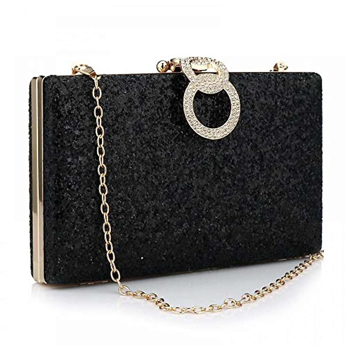 Womens Glitter Clutch Purse Sequin Evening Handbag Prom Party Wedding Purse Cocktail Party Bling Envelope Clutch Bag with Chain (Black)