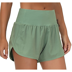 THE GYM PEOPLE Womens High Waisted Running Shorts Quick Dry Athletic Workout Shorts with Mesh Liner Zipper Pockets (Jasmine Green, Medium)