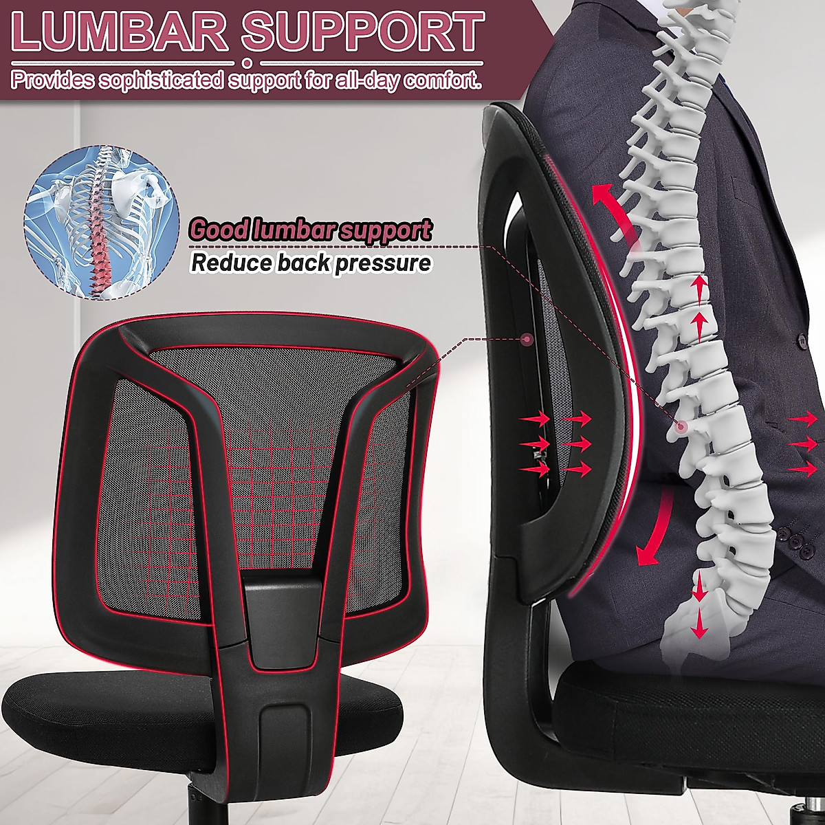 KIZECK Armless Swivel Computer Office Desk Task Chair with Rolling Wheels for Home Study and Work, Mesh Back, Black