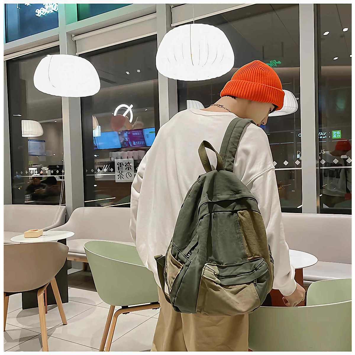 Lefe Liee vintage aesthetic canvas backpack for women men, hippie green small rucksack boho grunge bags, hemp lightweight day pack, casual daypack sage green japanese high y2k backpack