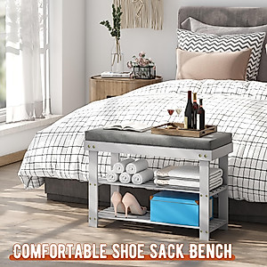 GHWIE Bamboo Shoe Rack Bench,Storage Organizer with Padded seat,3-Tier Shoe Rack for Entryway(Grey)