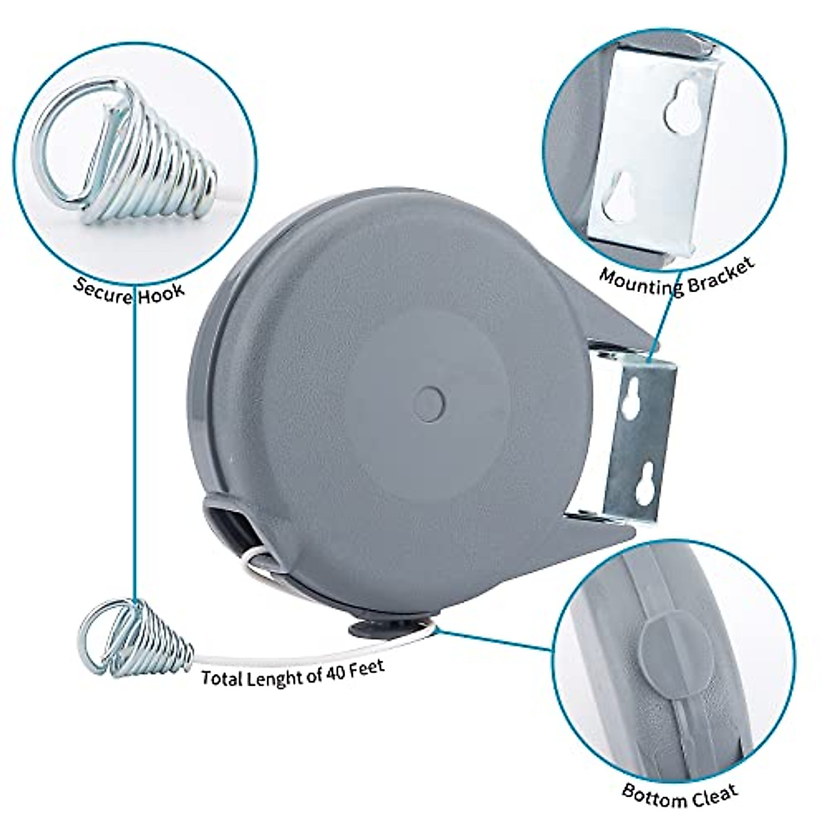 Retractable Clothesline Flexible Portable Heavy Duty 40 Feet Adjustable Heavy Duty Laundry Clothes Line for Wet or Dry Clothes Indoor or Outdoor Easy Installation Gray