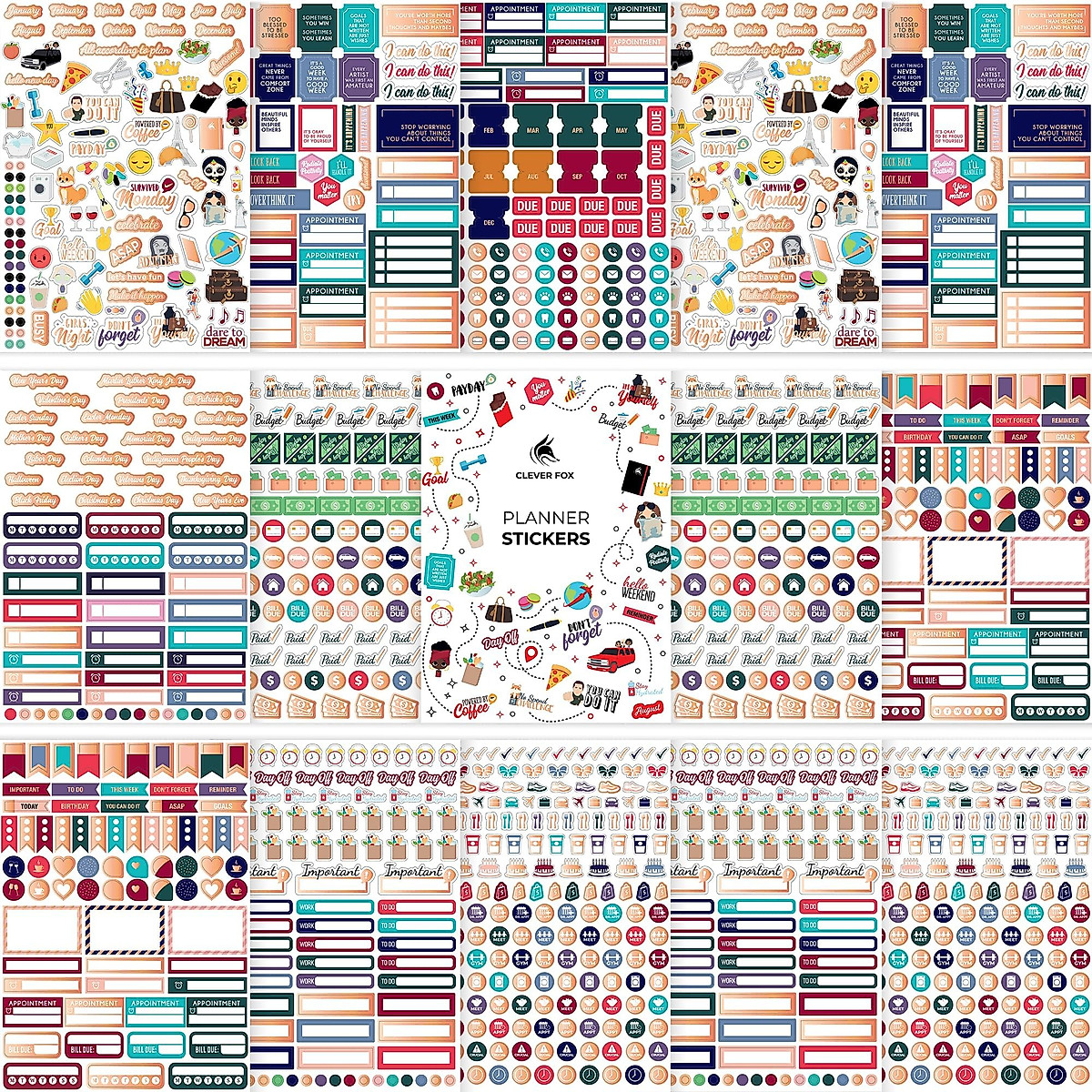 Clever Fox Planner Stickers – Monthly, Weekly & Daily Planner Stickers 14 Sheets Set of 1360+ Unique Stickers by Clever Fox (Value Pack)