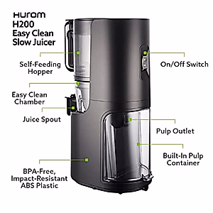 Hurom H-200 Easy Clean Electronic Juicer Machine (Silver) - Self Feeding Slow Juicer w Big Mouth Hopper to Fit Whole Fruits & Vegetables - Healthy Living - Rinse Clean No Scrub BPA Free Easy Assembly