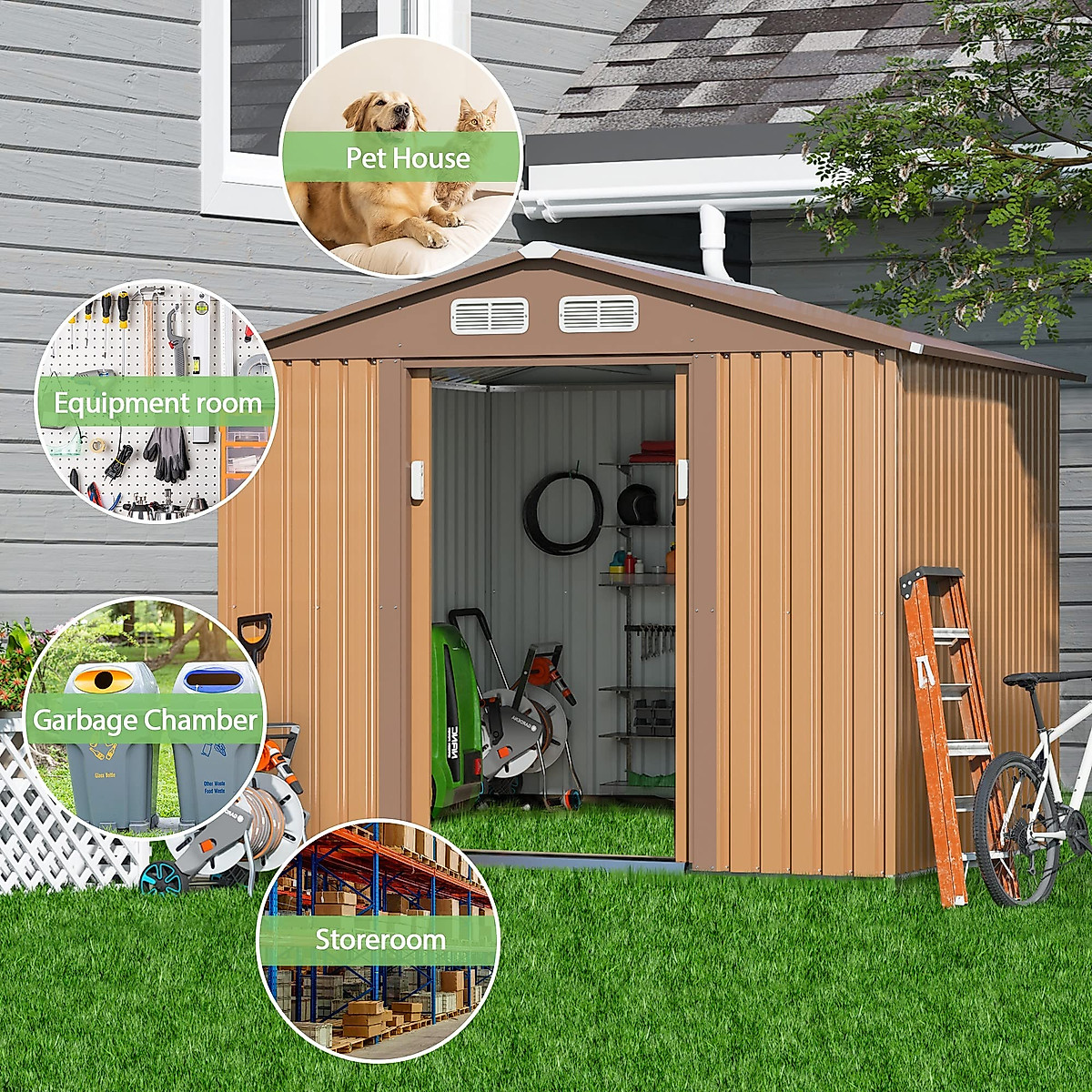JAXPETY 6’ x 8’ Outdoor Metal Storage Shed, Lawn Equipment House with Lockable Sliding Door, Tool Organizer for Backyard Garden w/ Gable Roof, Vents, White and Gray