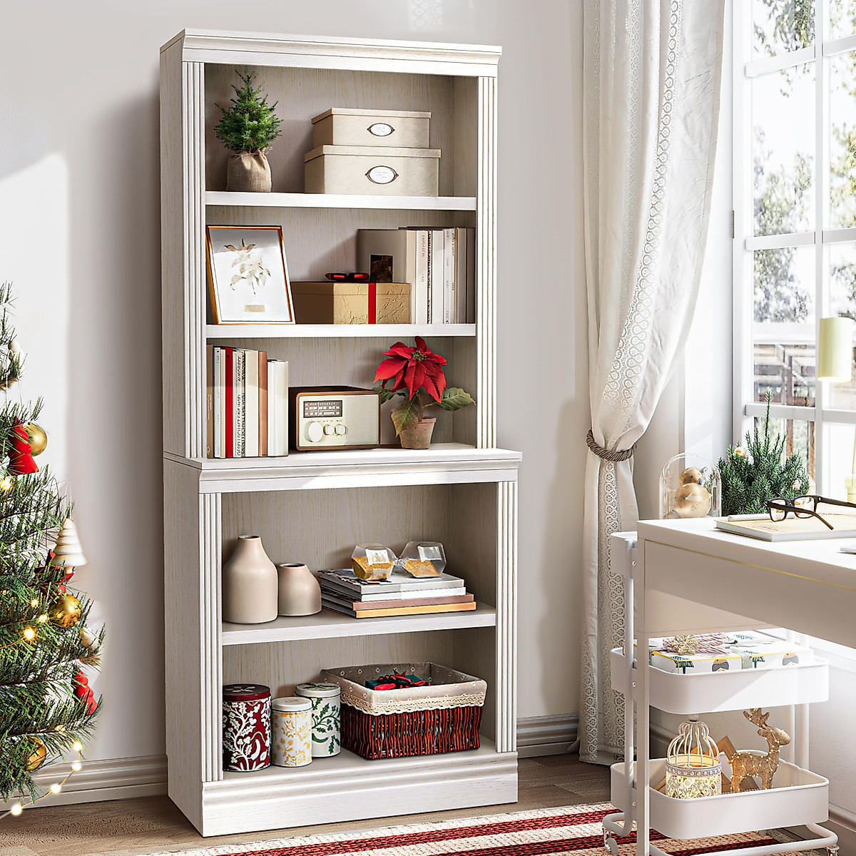 JAHRSTIM Multi-Depth Bookshelves and Bookcase Floor Standing 5 Tier Display Shelves Organizer and Storage, 72in Tall Bookshelf for Home Office, Living Room, Bed Room, Kitchen, Cream